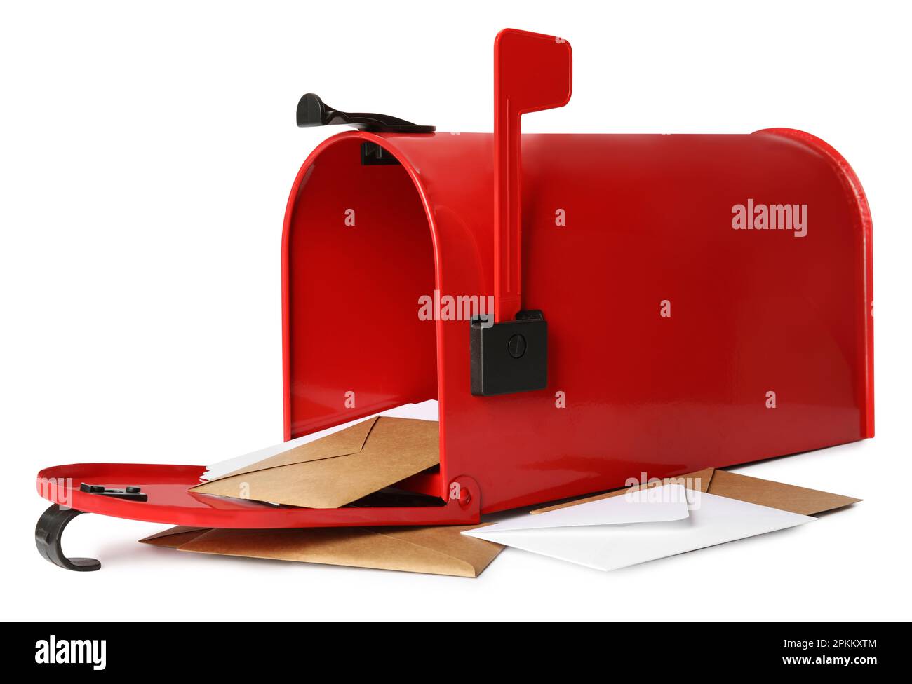 Open red letter box with correspondence on white background Stock Photo ...