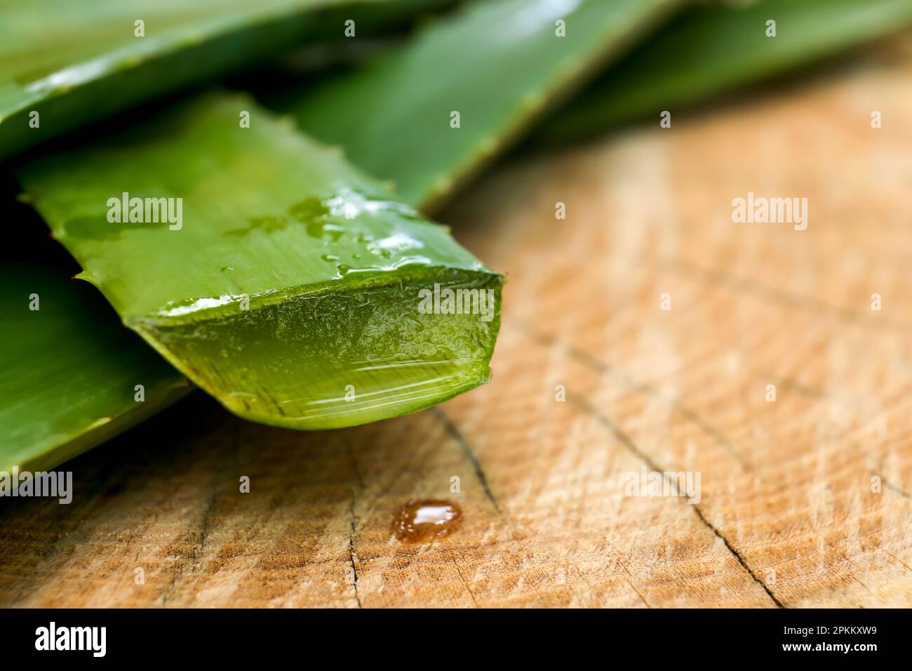 Fresh cut aloe vera leaves with dripping juice on wooden stump, closeup ...