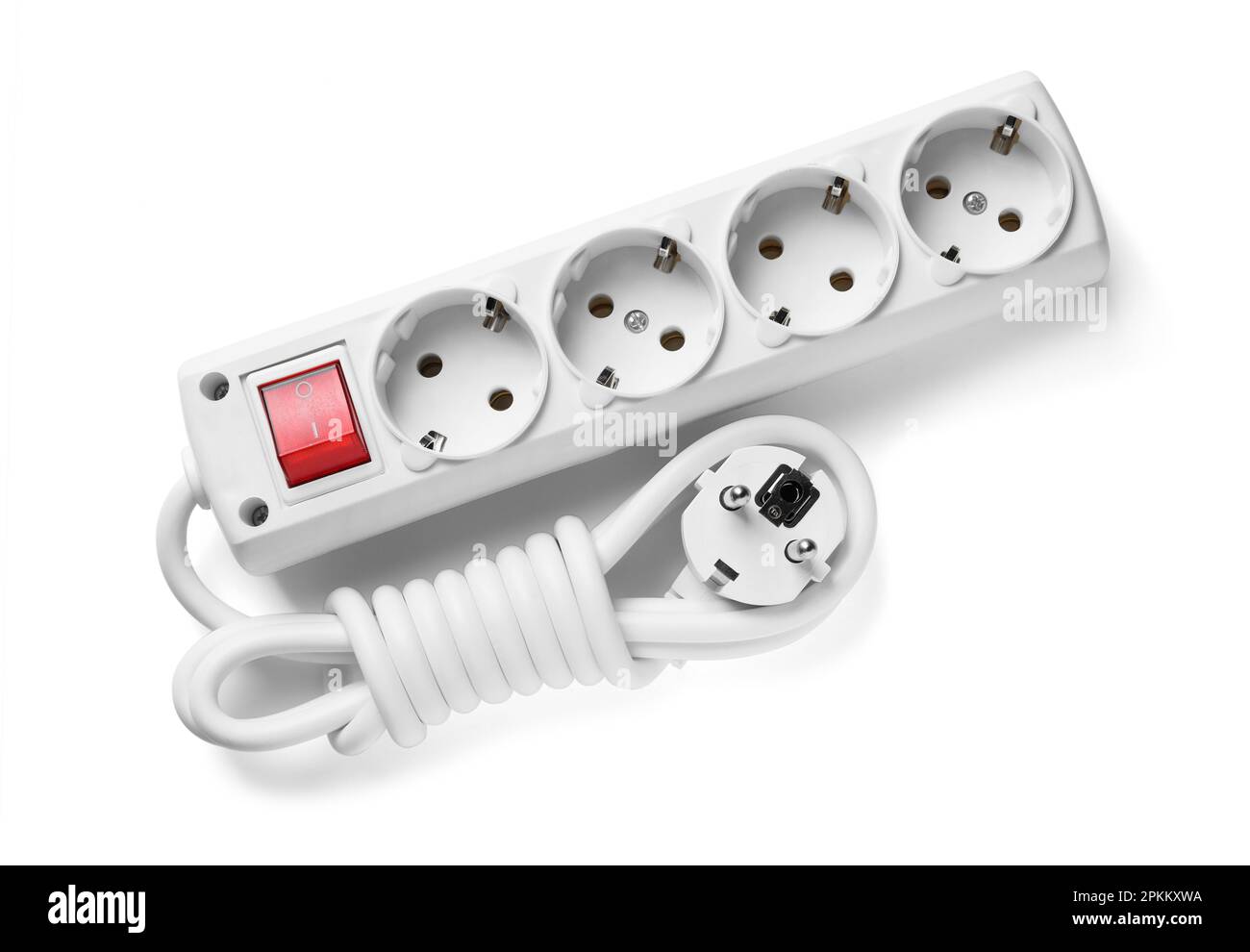 Power strip isolated on white, top view. Electrician's equipment Stock ...