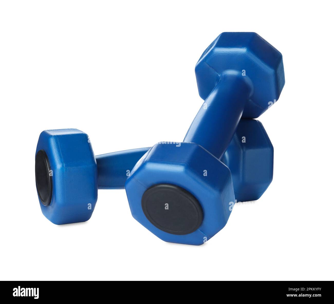 Blue dumbbells on white background. Weight training equipment Stock ...