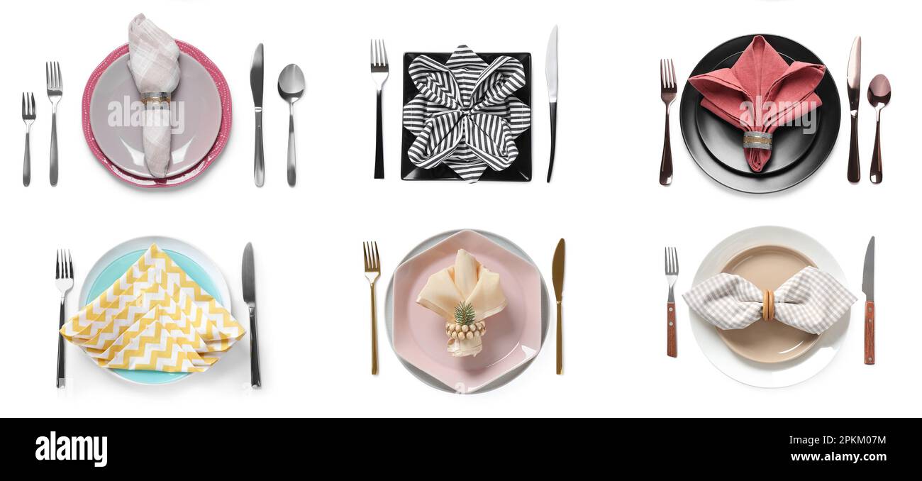 Set with examples of different beautiful table settings on white ...