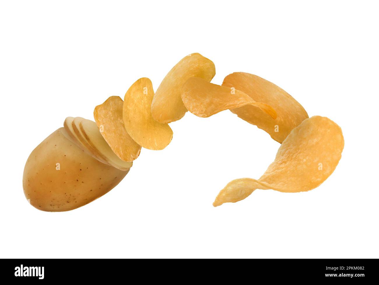 Raw potato turning into tasty crispy chips on white background Stock ...