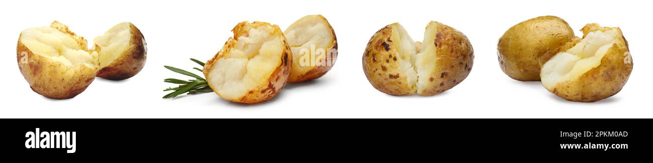 Set with delicious hot baked potatoes on white background. Banner ...