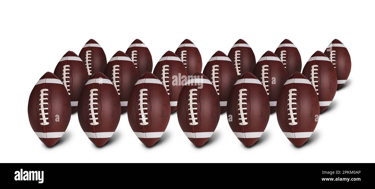 Set with leather American football balls on white background. Banner ...