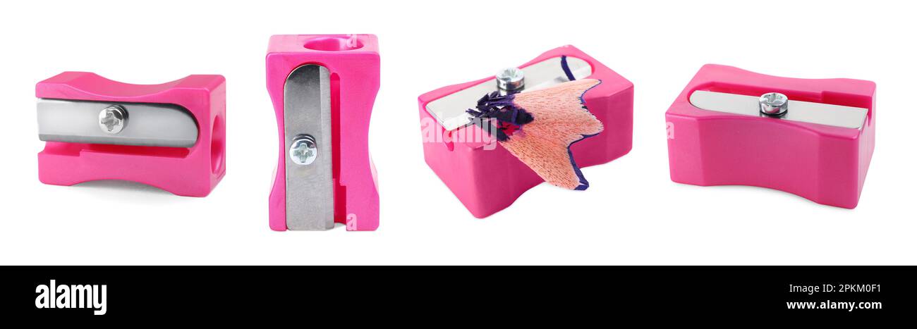 Set with pink pencil sharpeners on white background. Banner design ...