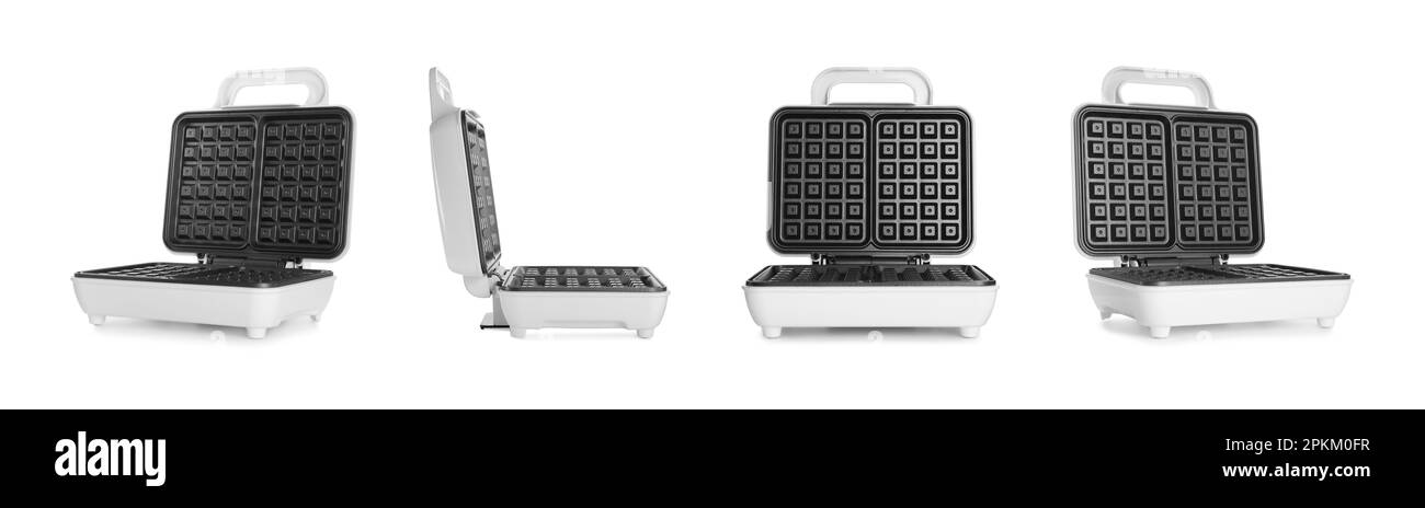 Set with modern electric waffle makers on white background. Banner ...