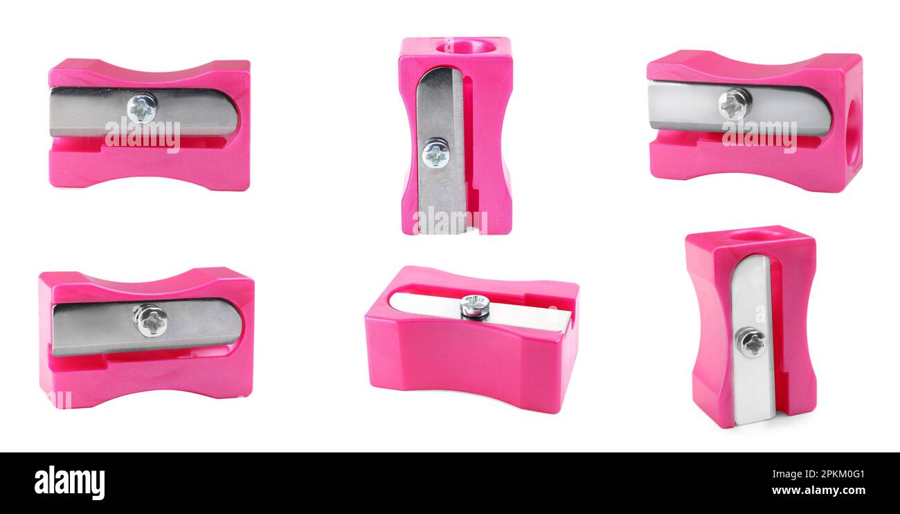 Set with pink pencil sharpeners on white background. Banner design ...