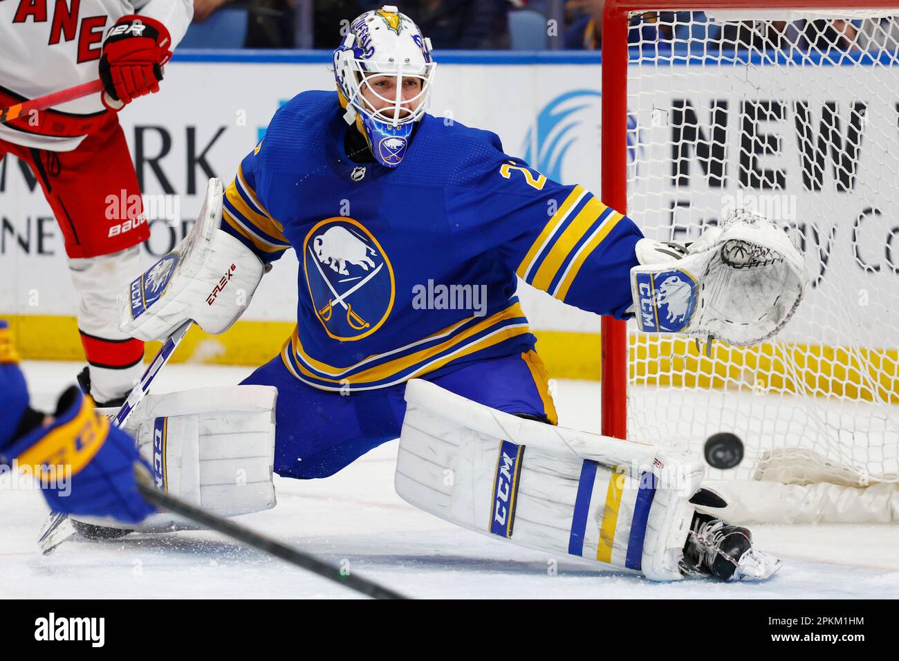 Buffalo Sabres goaltender Devon Levi (27) reaches for the puck during ...