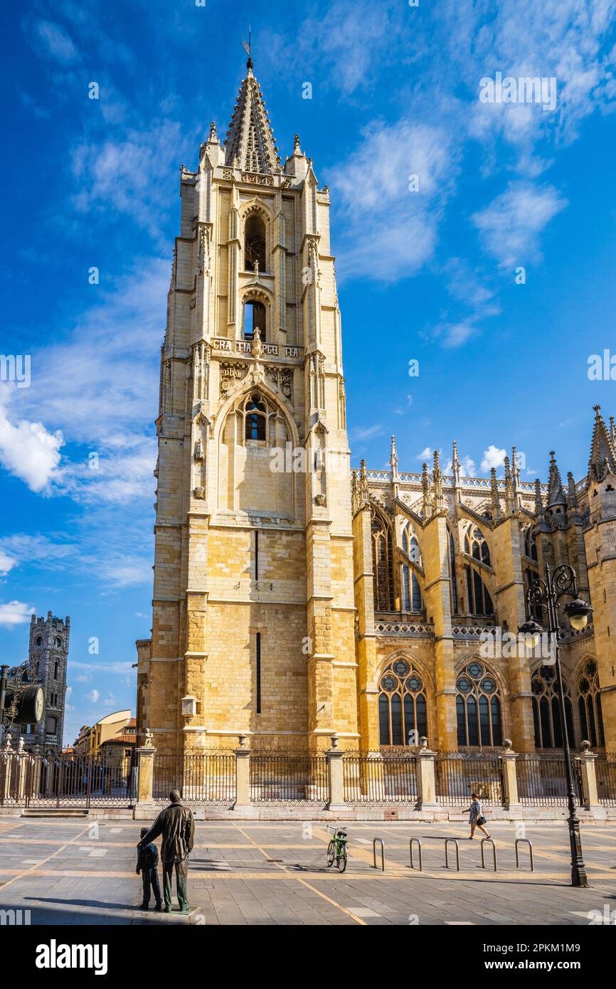 Leon, Spain, August 3, 2022. View of the cathedral of the city of Leon ...