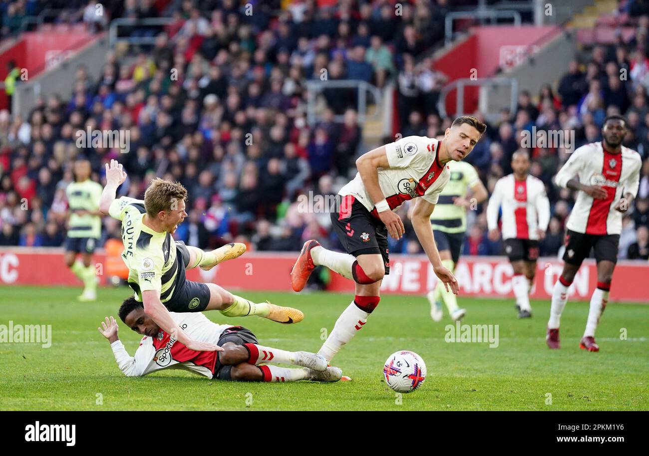 Manchester City's Kevin De Bruyne is taken down by Southampton's Kyle ...