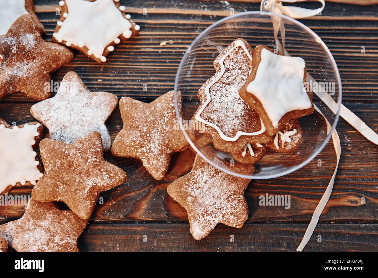 Cookies and sphere object. Christmas background with holiday decoration ...