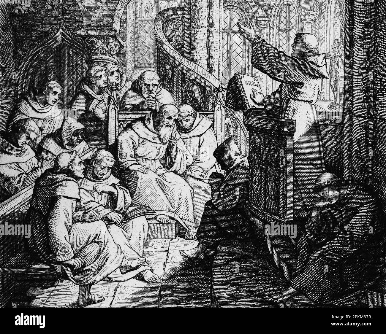 Martin Luther preaching in a small Abbey, historical illustration 1851 ...