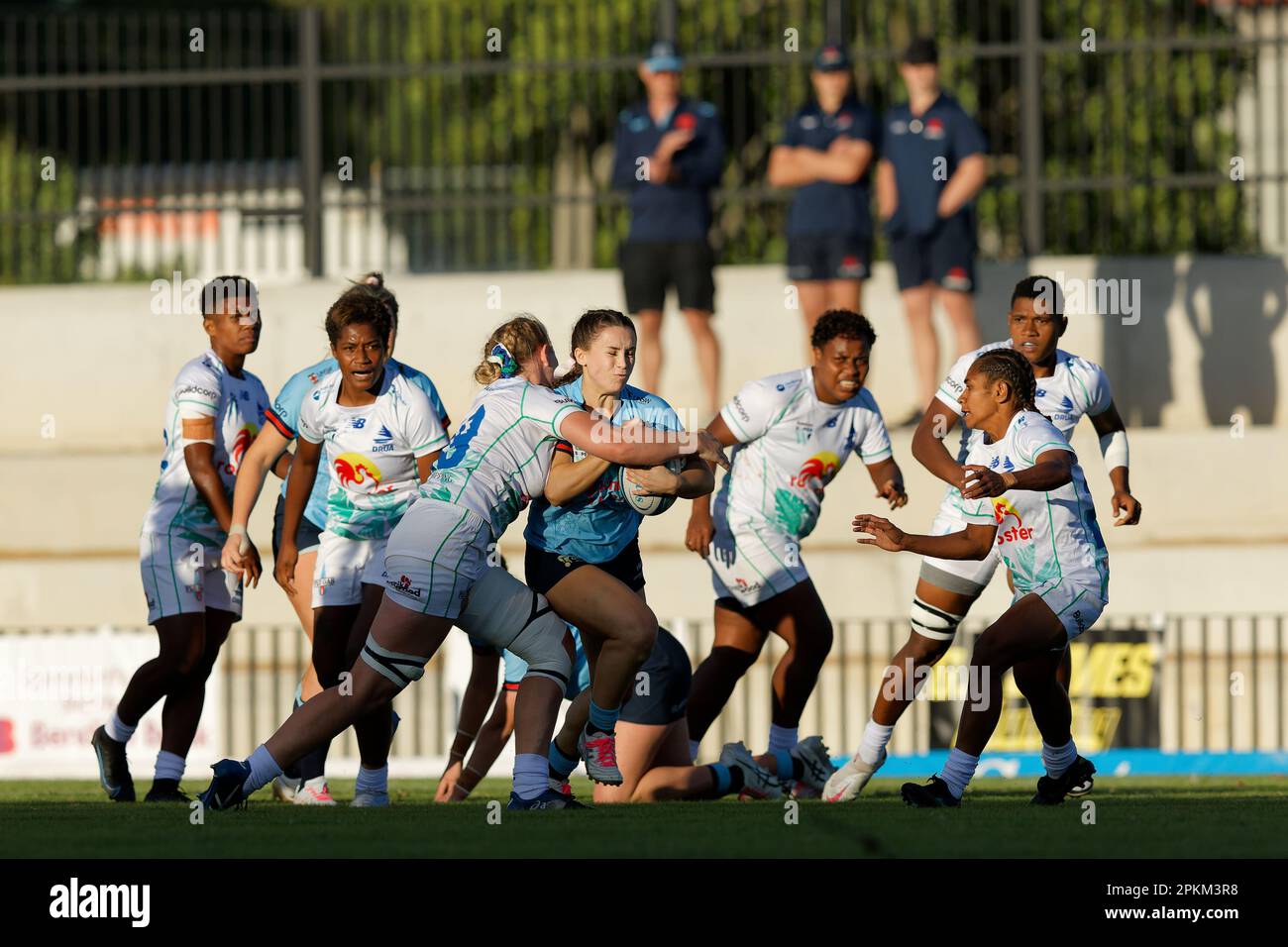 Desiree Miller of the Waratahs is tackled during the Buildcorp Super W ...
