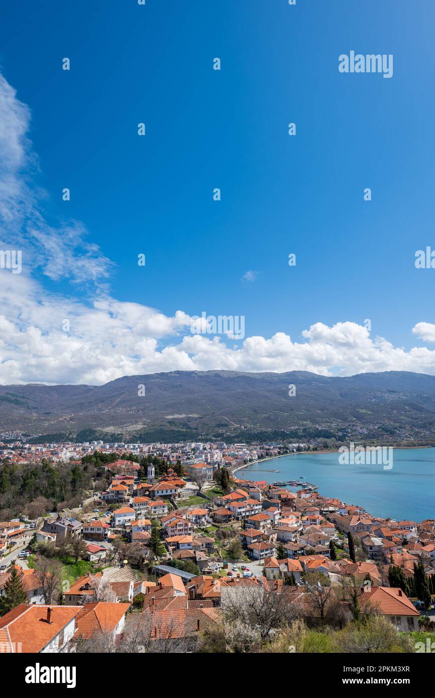 Aerial view of Ohrid Lake, city of Ohrid. Ohrid is a Macedonian resort ...