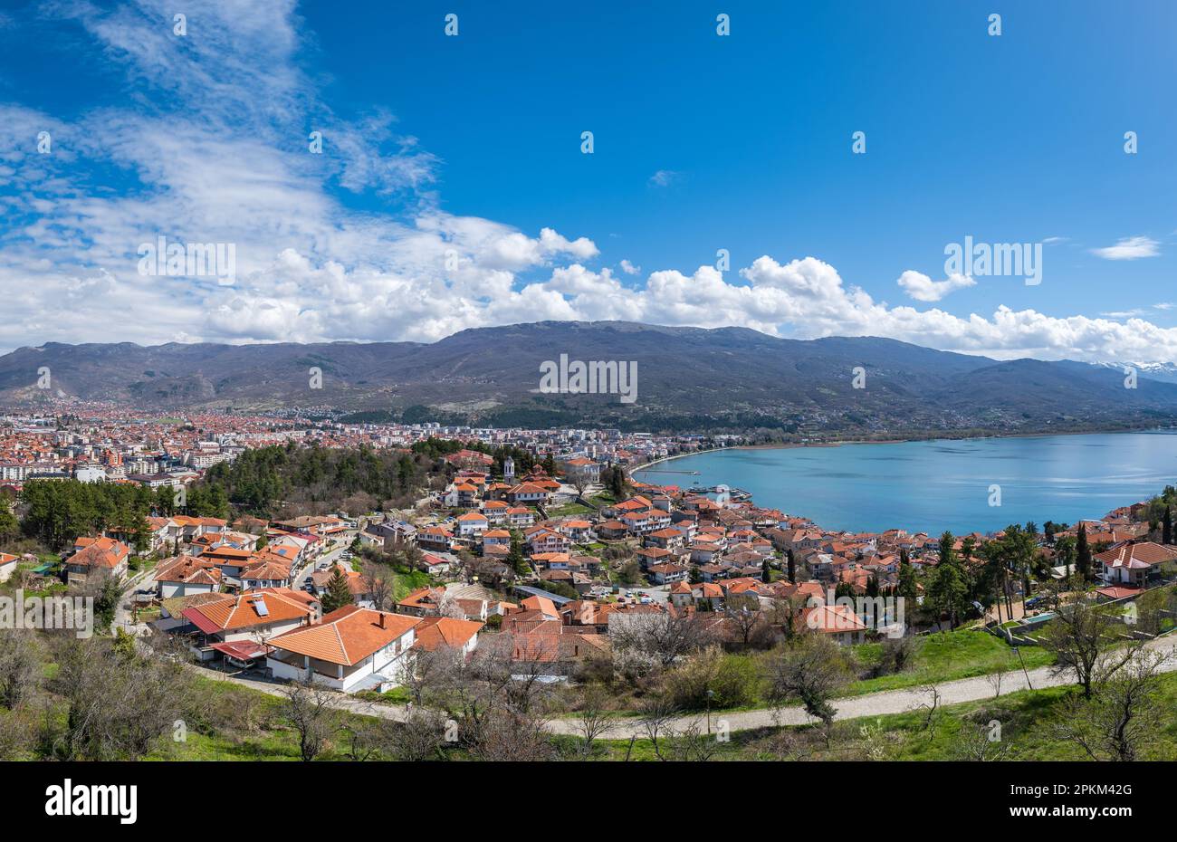 Aerial panorama of Ohrid Lake, city of Ohrid. Ohrid is a Macedonian ...