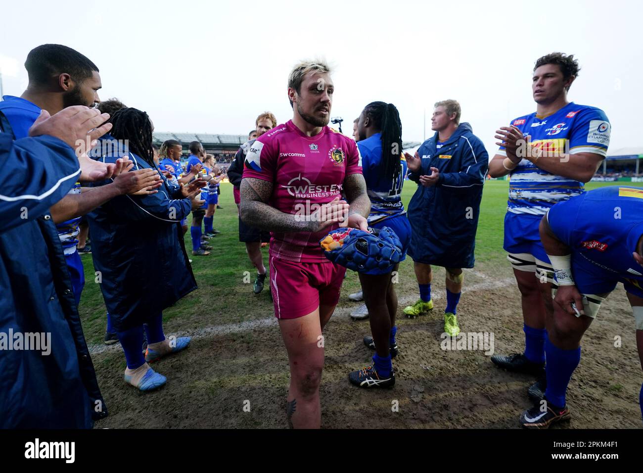 Exeter Chiefs’ Jack Nowell leaves the field of play following the ...