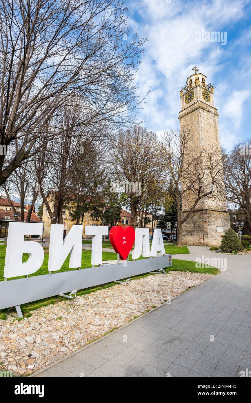 Clock Tower in Bitola city center, North Macedonia. A famous tourist ...