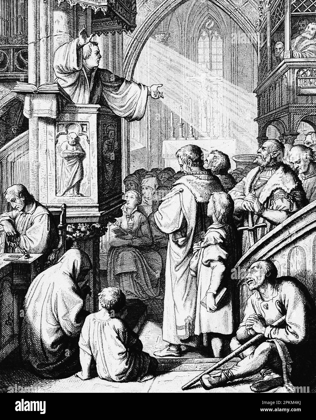 Martin Luther preaching from the pulpit at church, historical ...