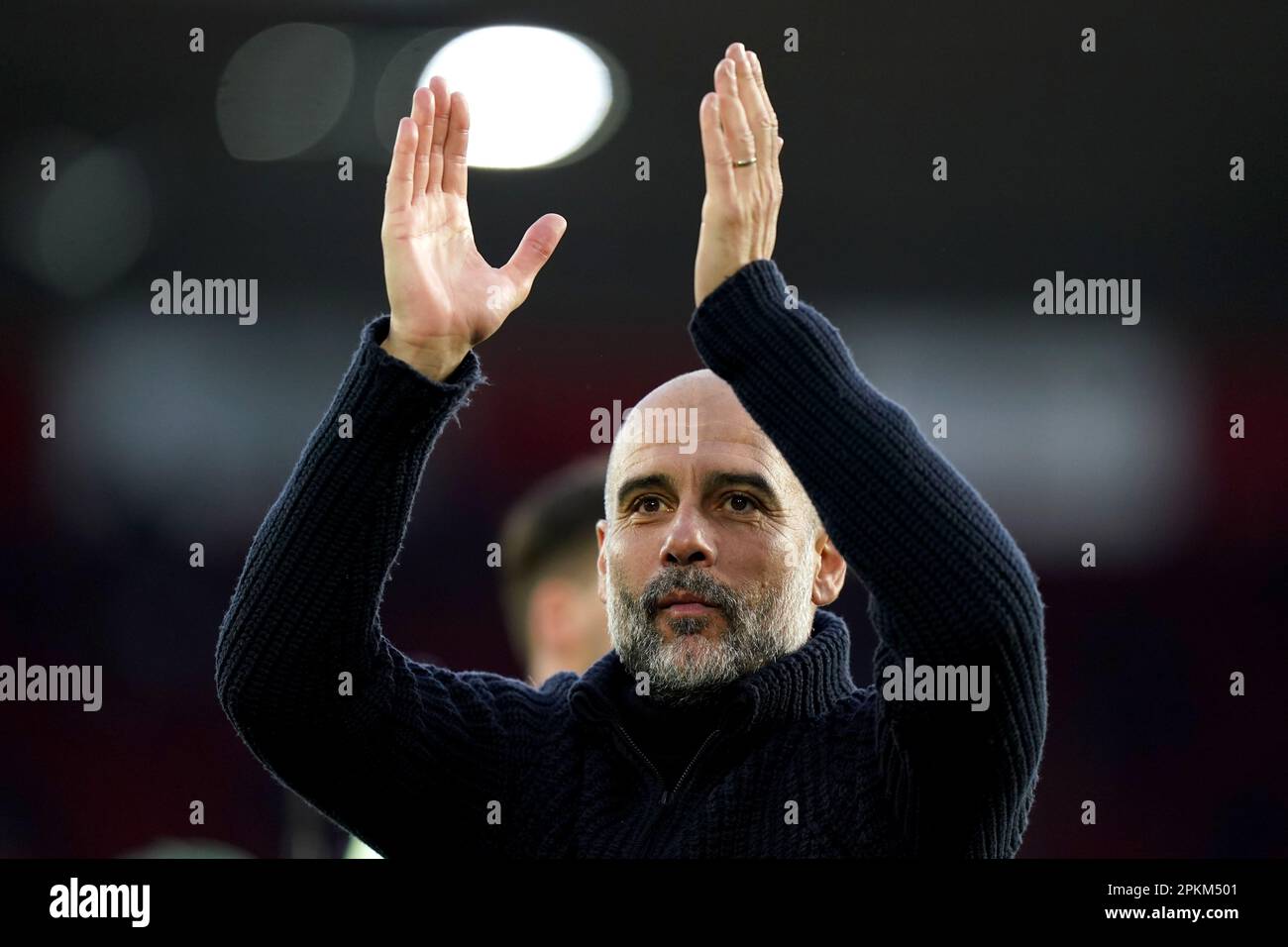 Manchester City manager Pep Guardiola applauds the fans at full time ...