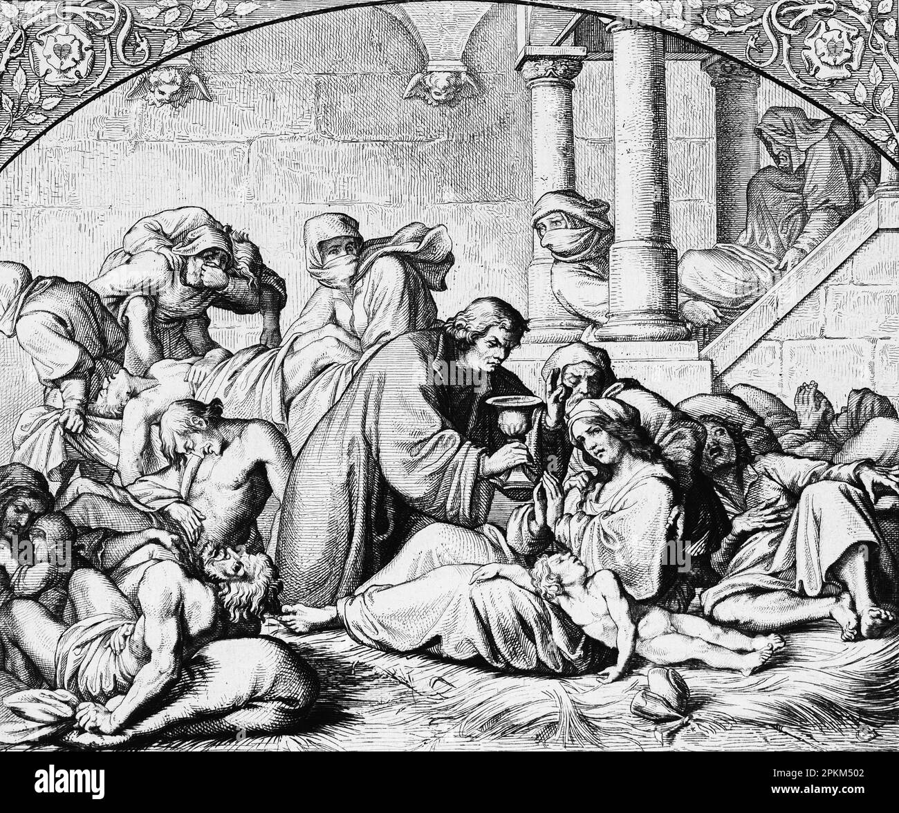 Martin Luther visiting people suffering from black death, comforting ...