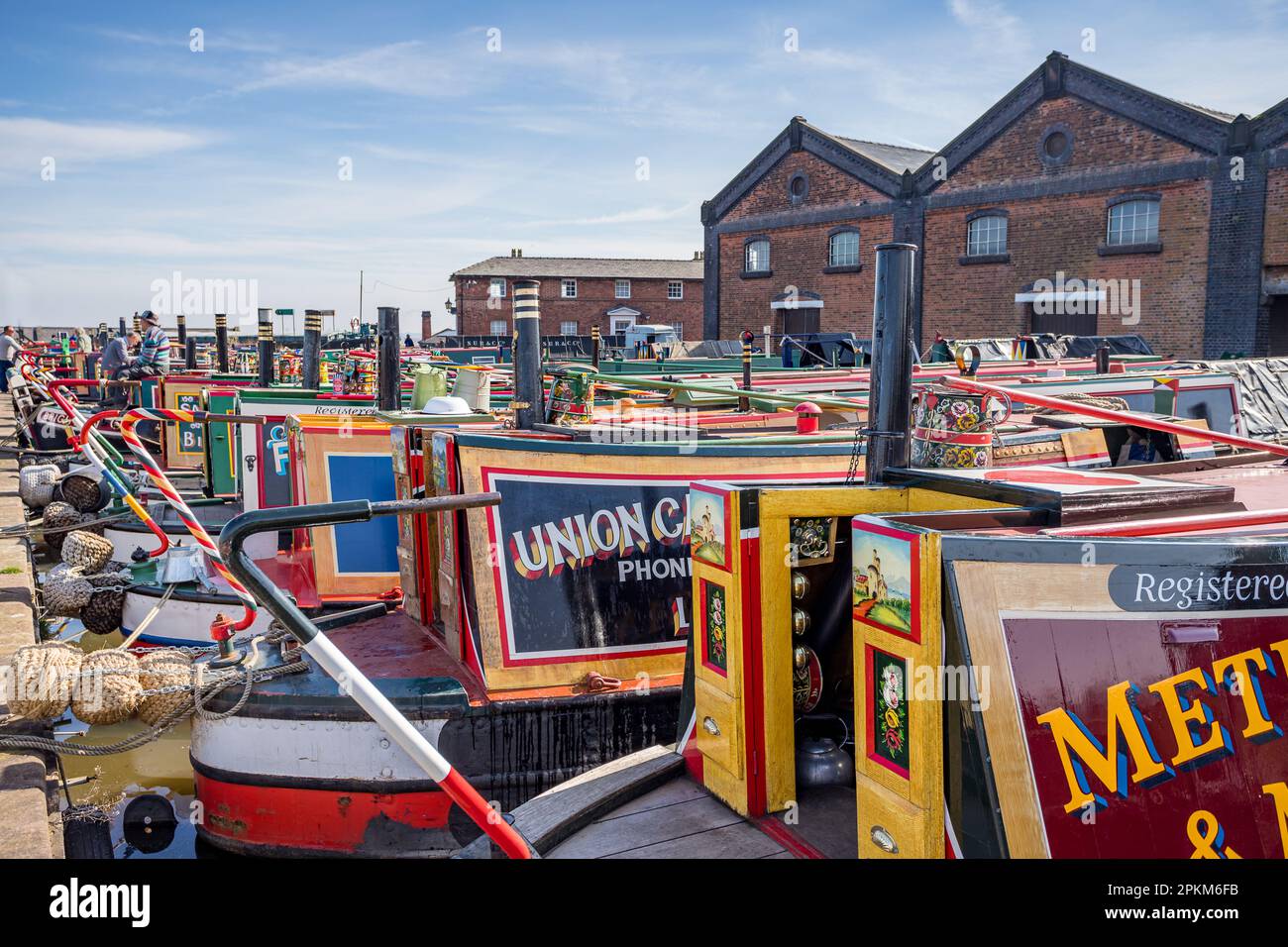 Colourful narrow boats lined up in Ellesmere Port basin seen during the ...