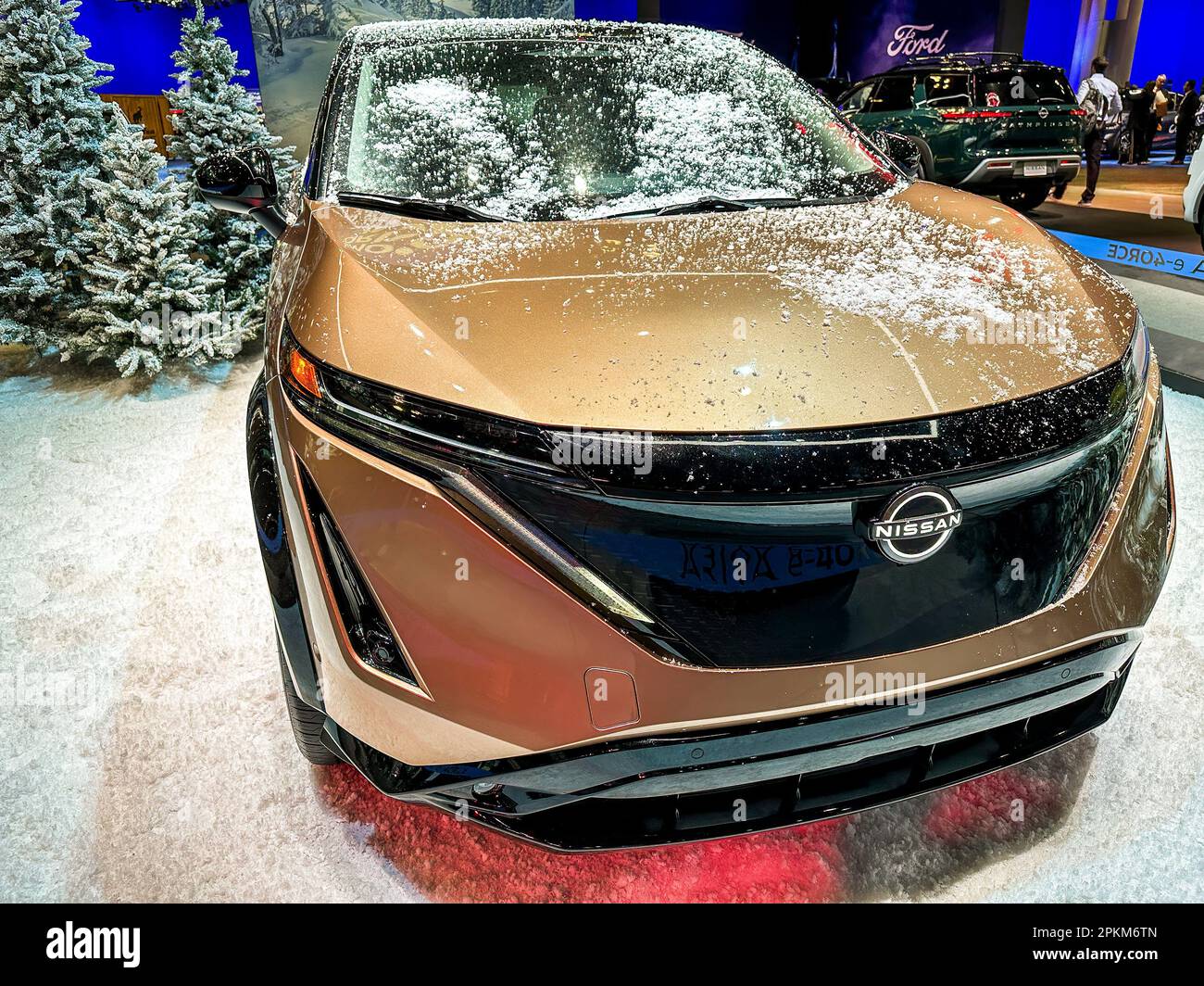 NEW YORK, NY, USA - APRIL 5, 2023: Nissan Airya e 4ce with snow scene showing at New York ...