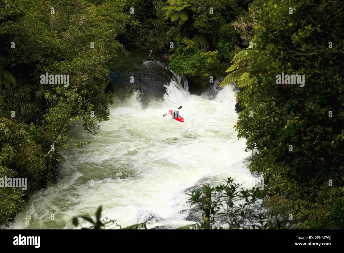 Whitewater canoeing at Okere Falls at the north island of New Zealand ...