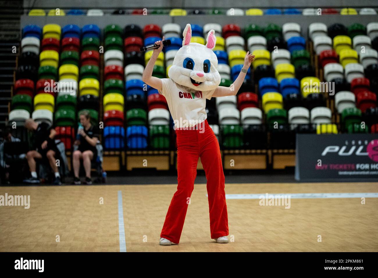 London, UK. 8th April, 2023. A woman dressed as a Rabbit dances during ...