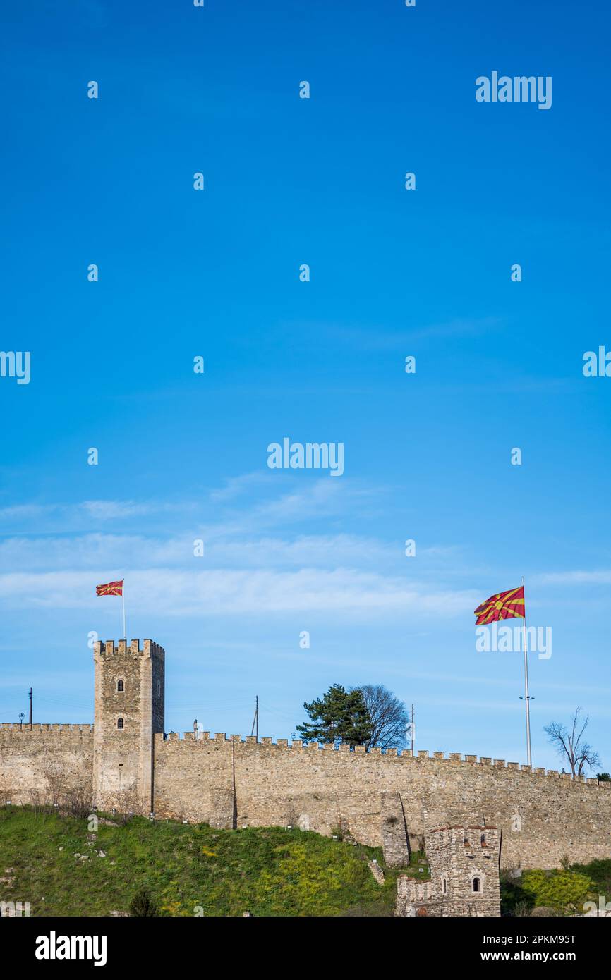 Fortification walls of Kale fortress and Macedonian national flag in ...