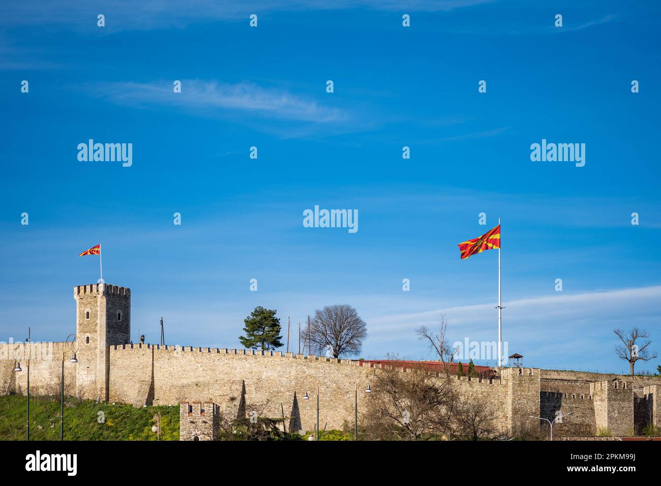 Fortification walls of Kale fortress and Macedonian national flag in ...
