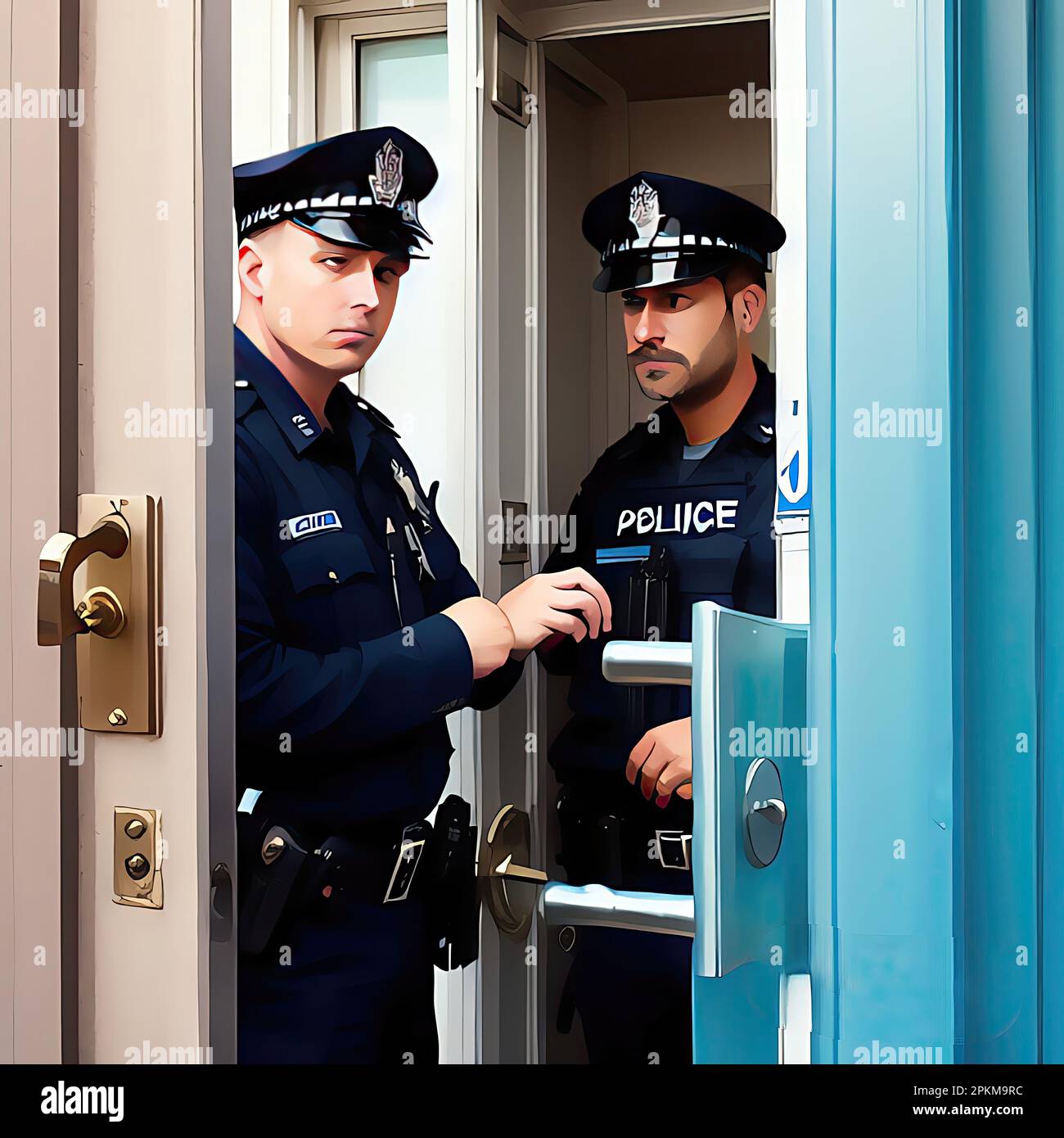 Two police officers in blue uniforms open a door in front of a man ...