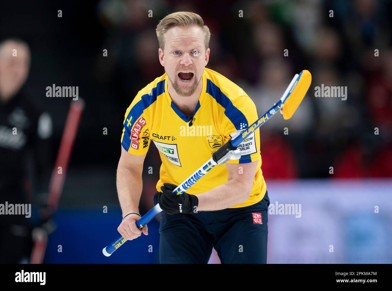 Sweden skip Niklas Edin reacts as his shot enters the house during ...