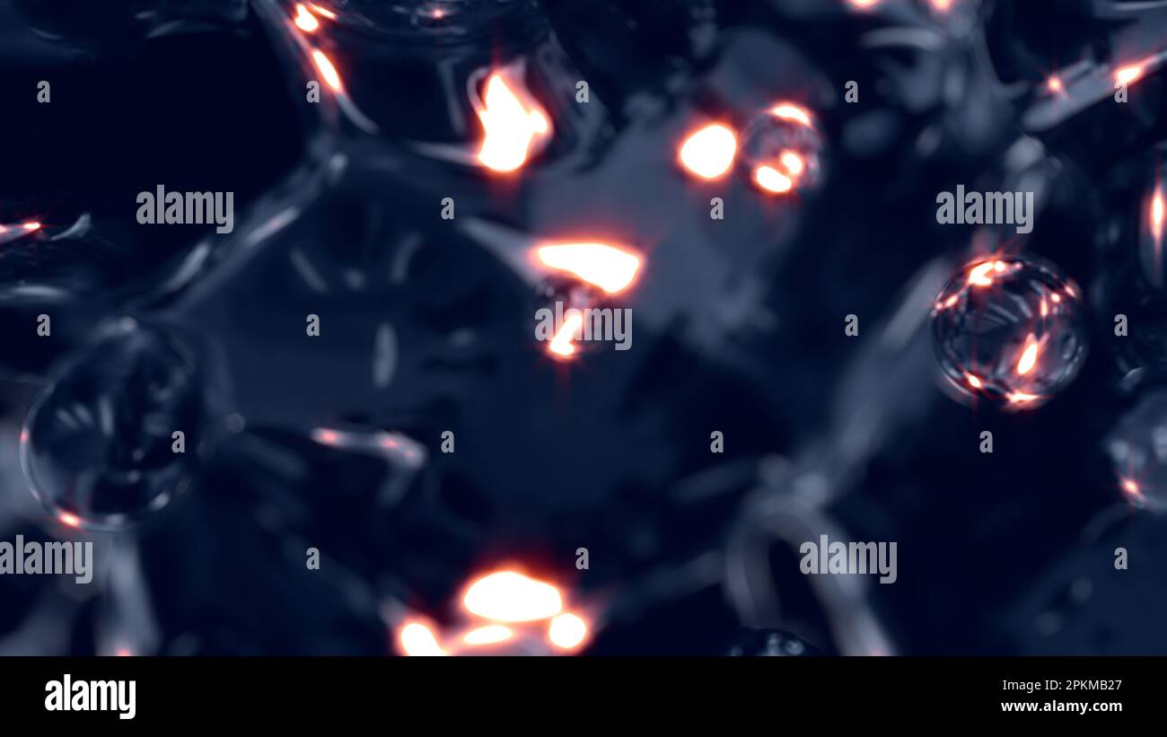 dark shadow gray translucent fluid metaspheres glowing red on blackness ...