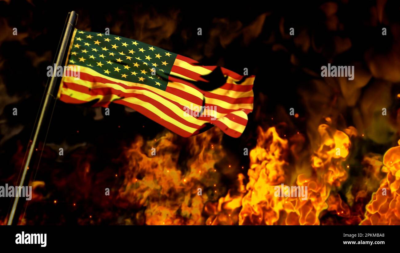 flag of USA on burning fire bg - hard times concept - abstract 3D ...