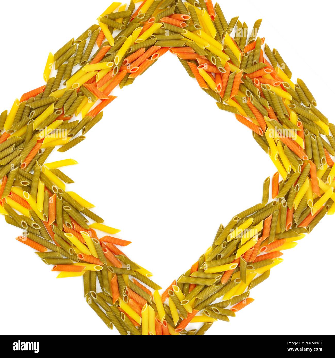 Colored dry macaroni isolated on white background. Square frame of ...