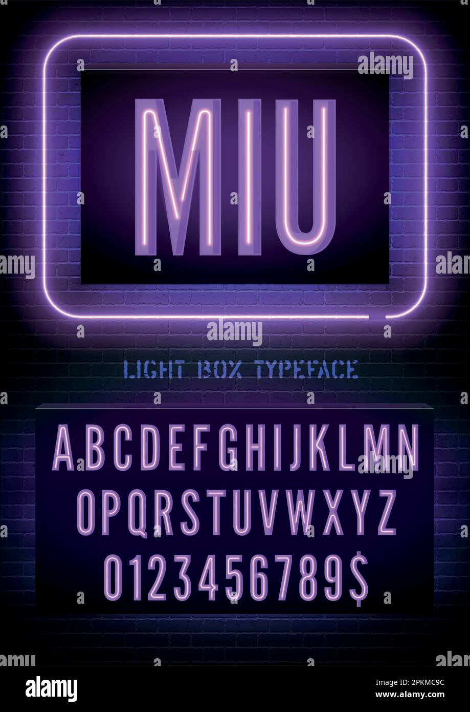 Night box light extra glow font with numbers. Miu sign with violet ...