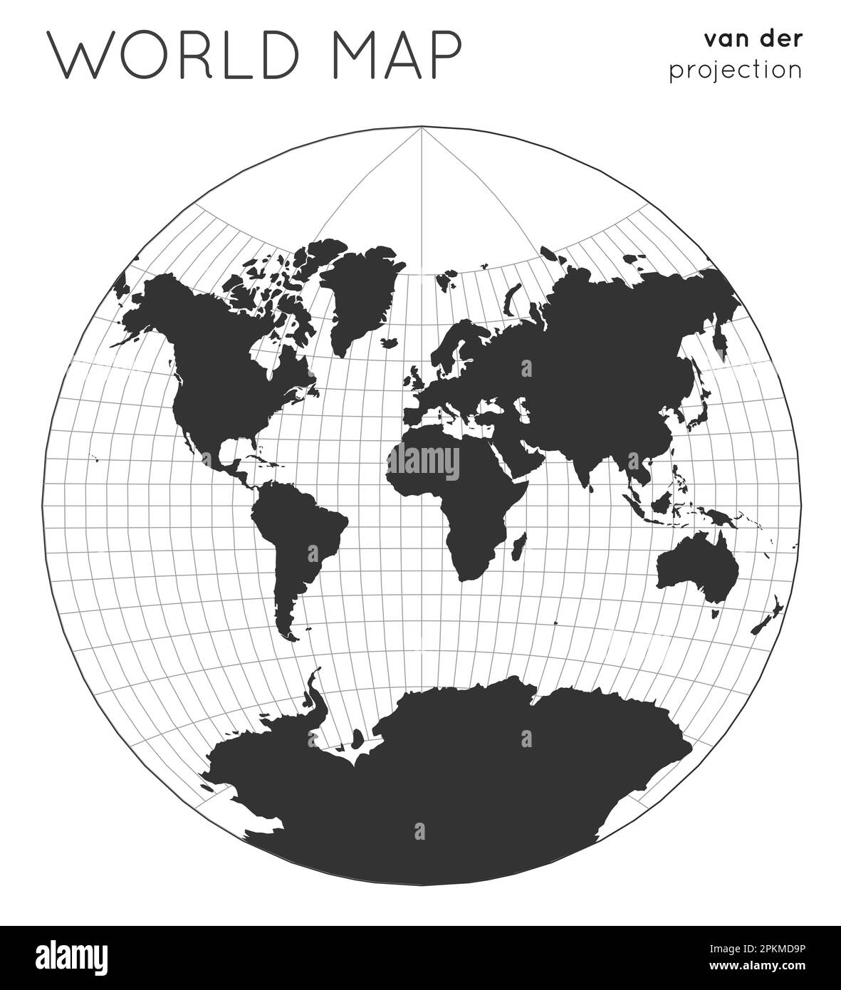 World map. Globe in Van Der Grinten projection, with graticule lines ...