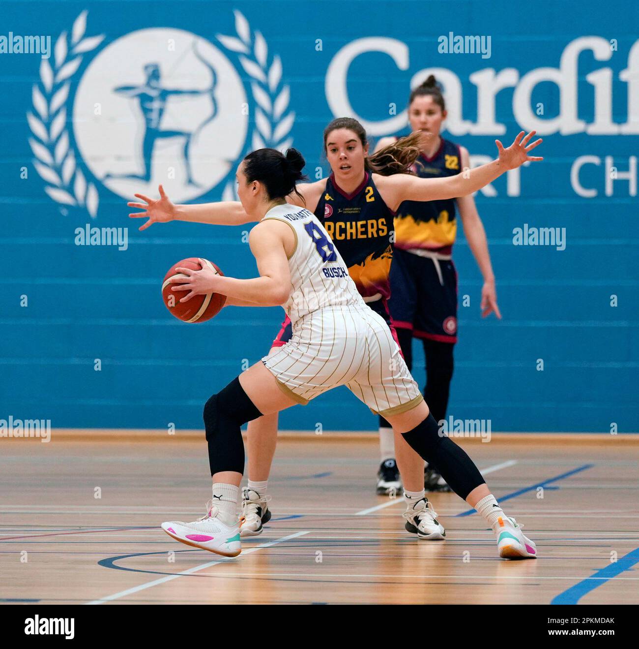 Cardiff, UK. 08th Apr, 2023. Renee Busch (Suns) #8 is blocked by ...