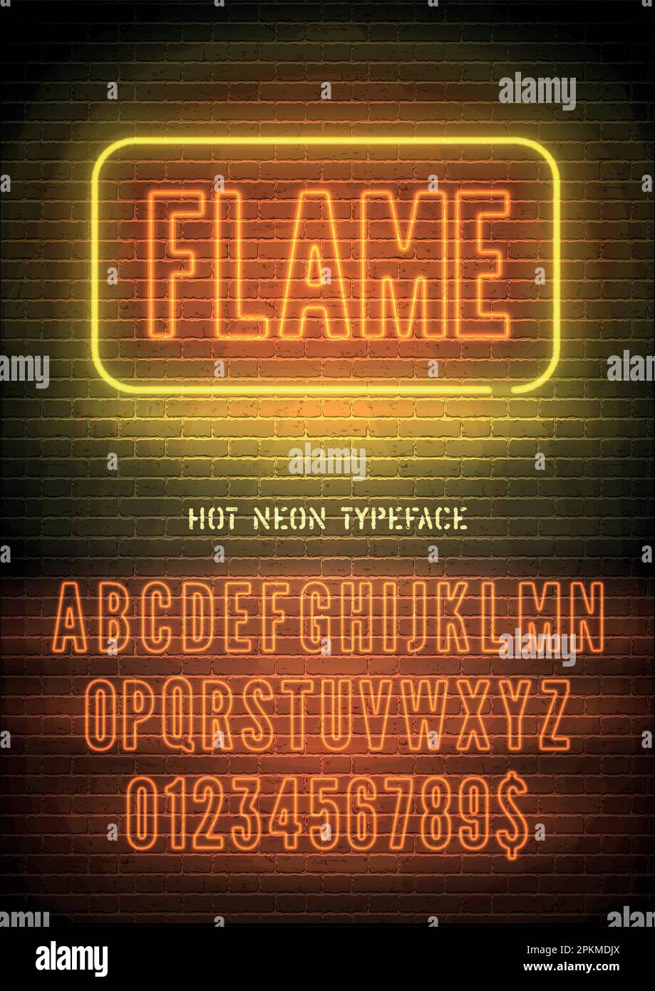 Hot sign with orange neon hollow alphabet on dark brick wall background ...