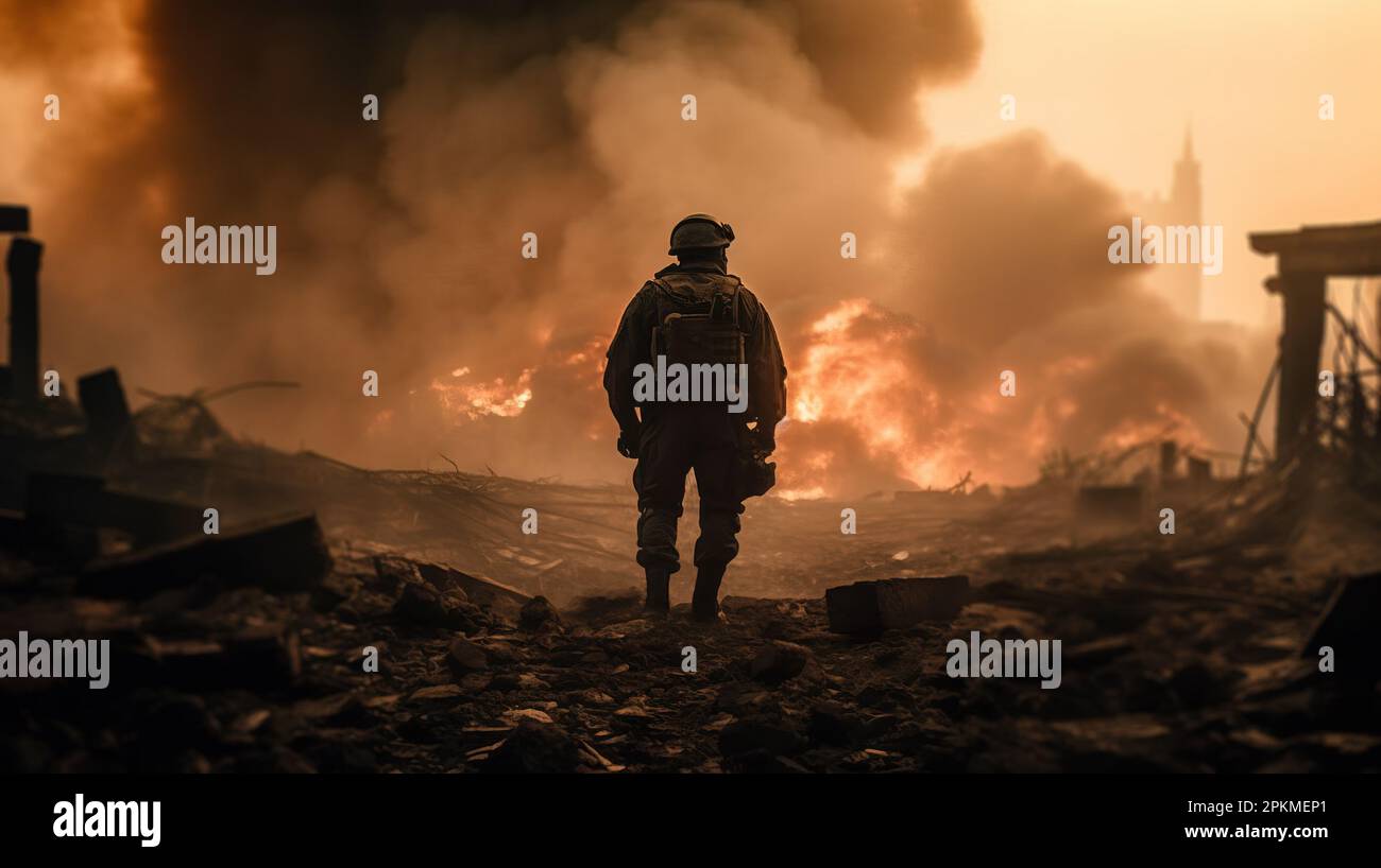 A silhouette of modern universal soldier on the battlefield Stock Photo ...