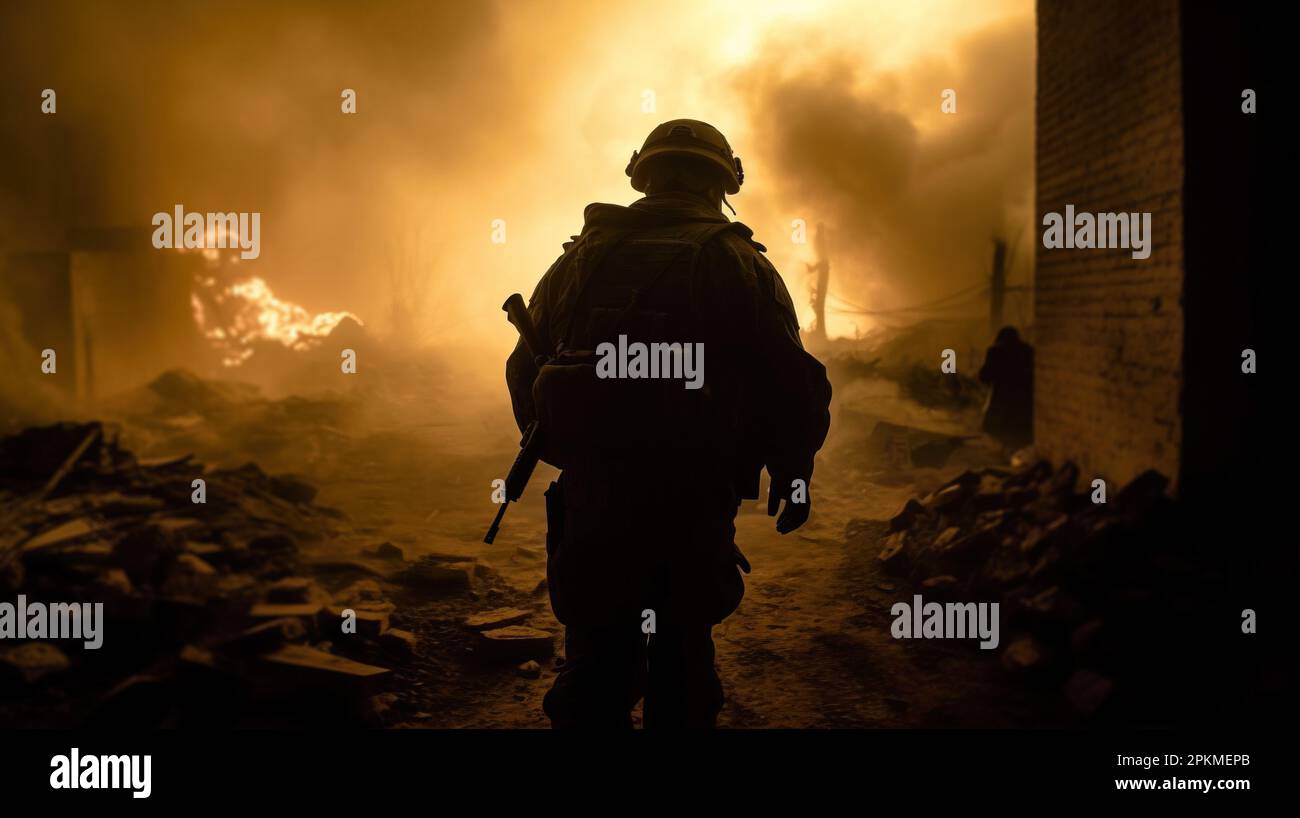 A silhouette of modern universal soldier on the battlefield Stock Photo ...