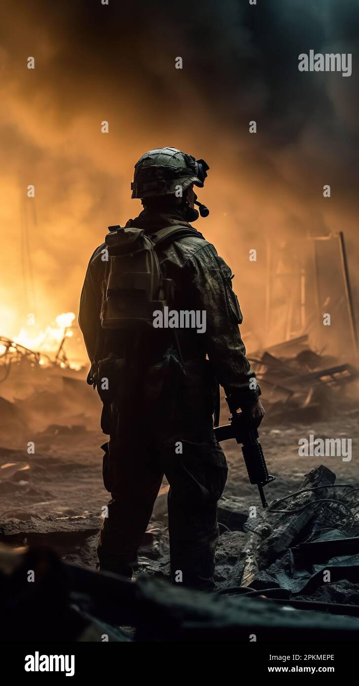 A silhouette of modern universal soldier on the battlefield Stock Photo ...