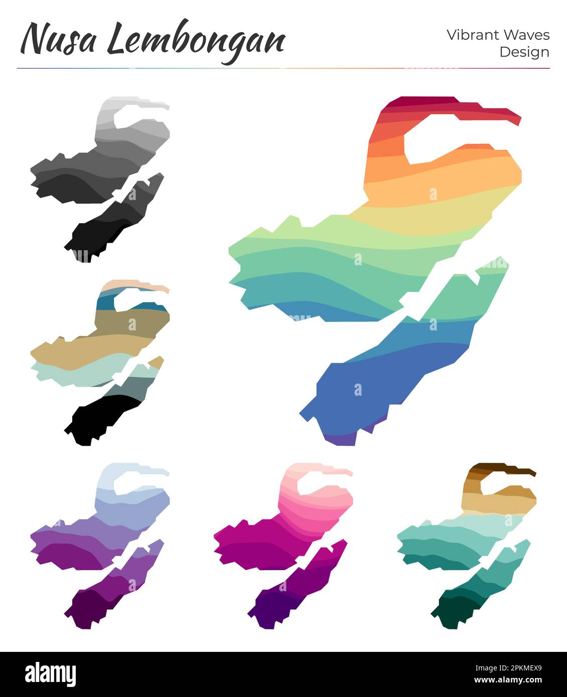 Set of vector maps of Nusa Lembongan. Vibrant waves design. Bright map ...