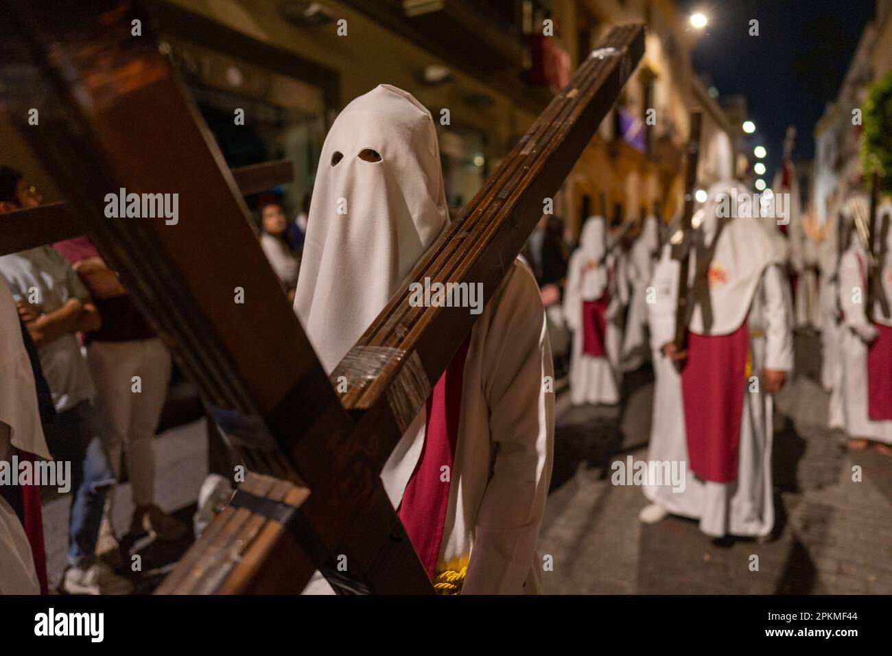 Seville, Spain. 5th April, 2023. Members Church Brotherhoods carry ...