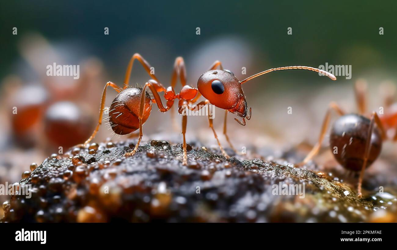Red ants are looking for food on green branches. Work ants are walking on the branches to ...