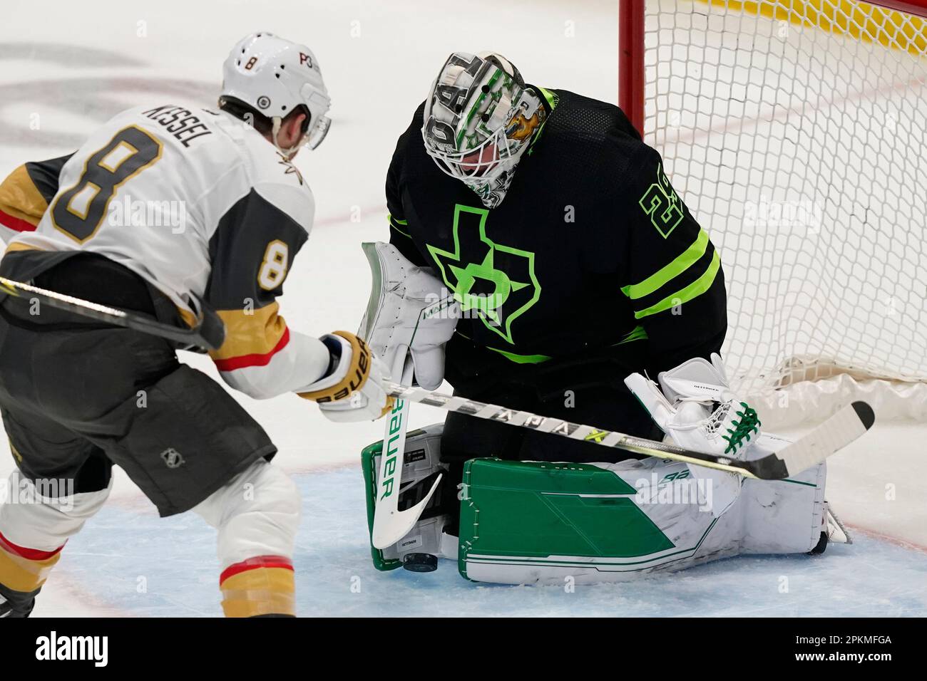 Dallas Stars goaltender Jake Oettinger (29) blocks a shot against Vegas ...