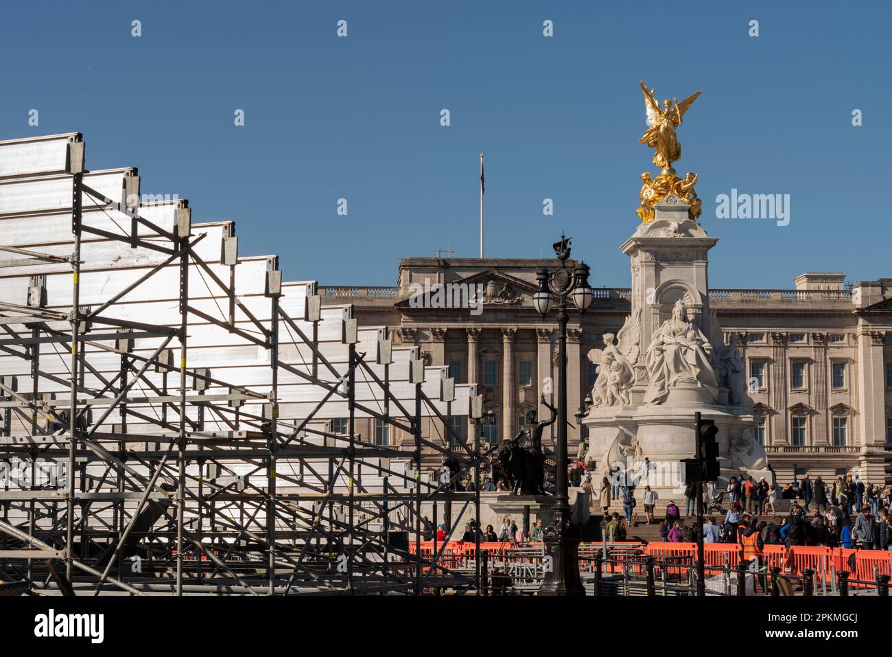 Grandstand construction in progress outside Buckingham Palace, London ...