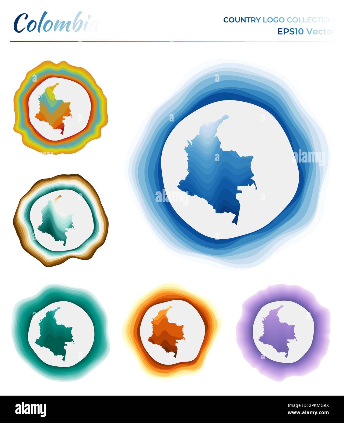 Colombia logo collection. Colorful badge of the country. Layers around Colombia border shape ...