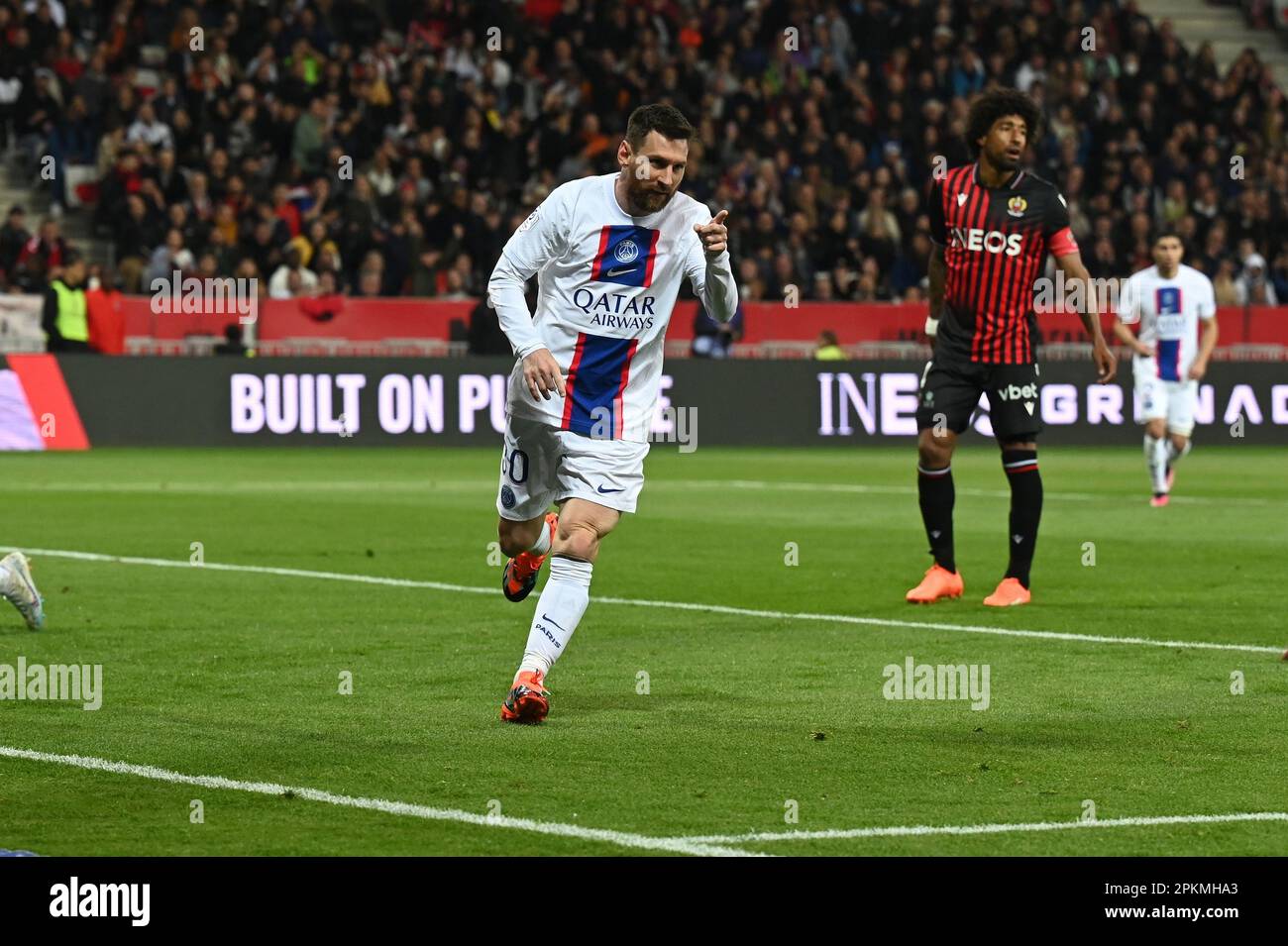 Nice, France. 08th Apr, 2023. lionel messi (psg) celebrates the 0-1 ...