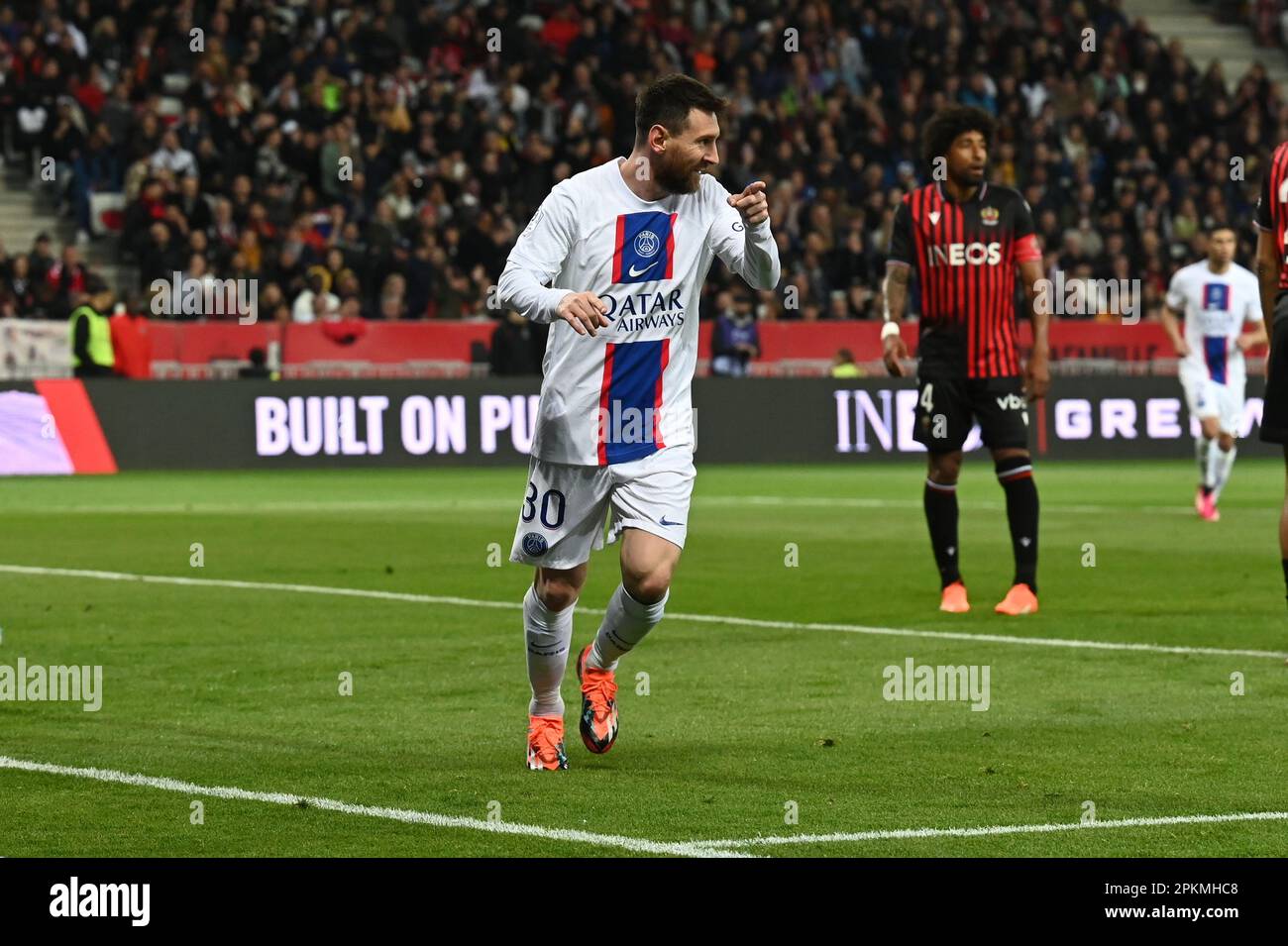 Nice, France. 08th Apr, 2023. lionel messi (psg) celebrates the 0-1 ...